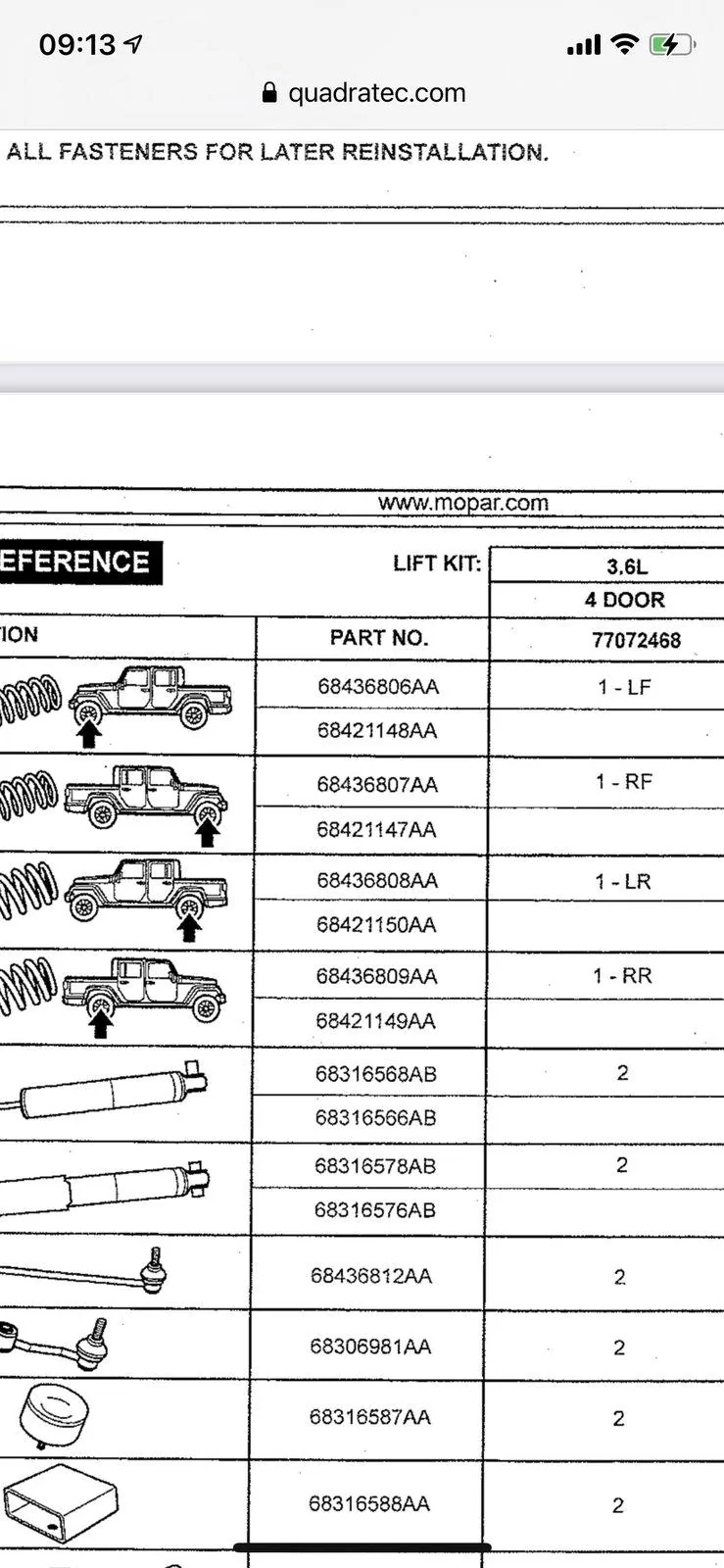 Mopar lift kit coil springs code (front and rear)? | Jeep Gladiator (JT ...