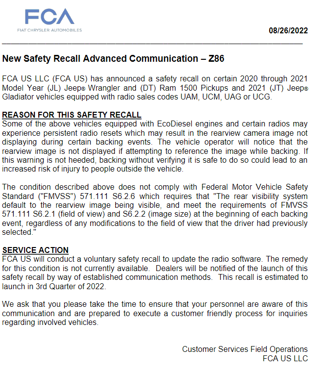 Recall Z86 : Backup Camera software recall | Jeep Gladiator (JT) News ...
