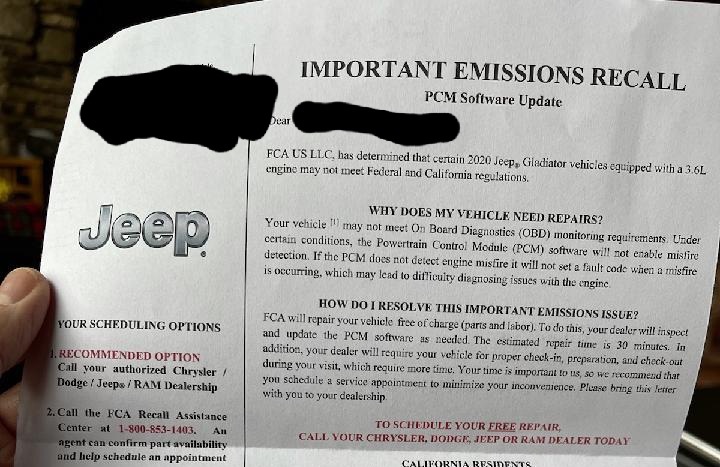 New emissions recall for 2020 Gladiator 3.6L. Any thoughts. | Jeep ...