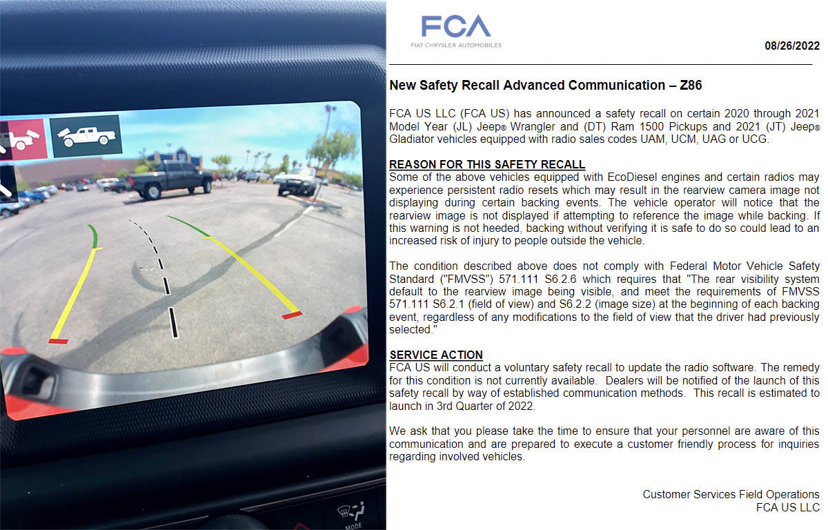 Recall Z86 : Backup Camera software recall | Jeep Gladiator (JT) News ...